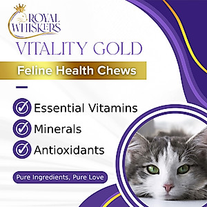 Royal Whiskers Vitality Gold: Feline Health Chews - Omega 3,Taurine,CoQ10, & Biotin Rich - Vet-Formulated for Cell,Heart,Brain, Vision Wellness - 90 (3g) Chews, Made in USA