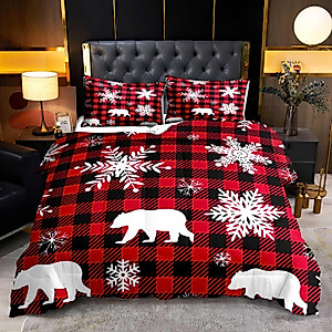 LUVIVIHOME 3PCS Christmas Bear Comforter Set Queen Size, White Snowflake Red Black Plaid Xmas Holiday Cabin Christmas Bedding for Kids Girls Boys, Christmas Bedroom Decor, 2 Pillow Shams