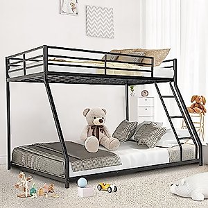 Metal Bunk Bed Frame, Twin Over Full Bunk Bed with Ladder and Full-Length Guardrail, Sturdy Support Slats for Teens Adults, Noise Free, Black