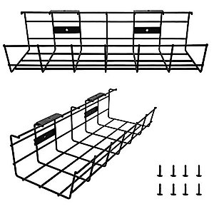 COYACOOL Under Desk Cable Management- 2 Pack Cord Organizer. Metal Wire Cable Management Tray for Office, Studio and Home. Super Sturdy Under Table Cable Management - Black Cable Organizer