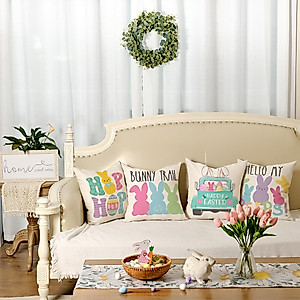 GEEORY Easter Pillow Covers 18x18 Set of 4 Easter Decorations for Home Bunny Truck Hello Peeps Hip Hop Pillows Easter Decorative Throw Pillows Spring Easter Farmhouse Decor