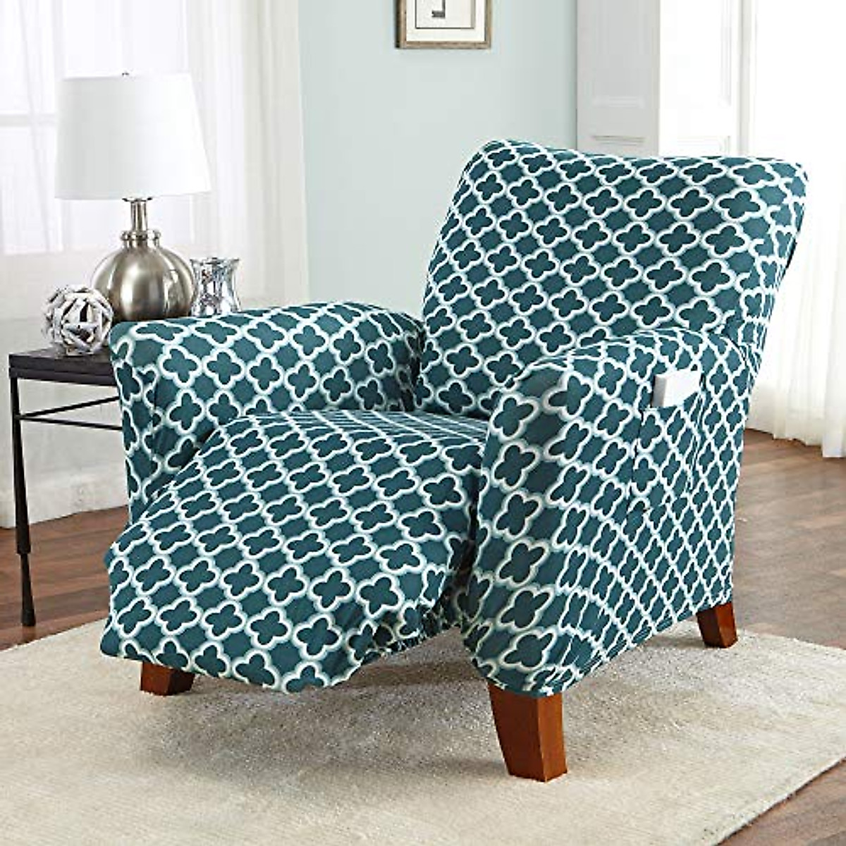 Great Bay Home Printed Twill Recliner Slipcover. One Piece Stretch Recliner Cover. Strapless Recliner Cover for Living Room. Fallon Collection Slipcover. (Recliner, Smoke Blue)