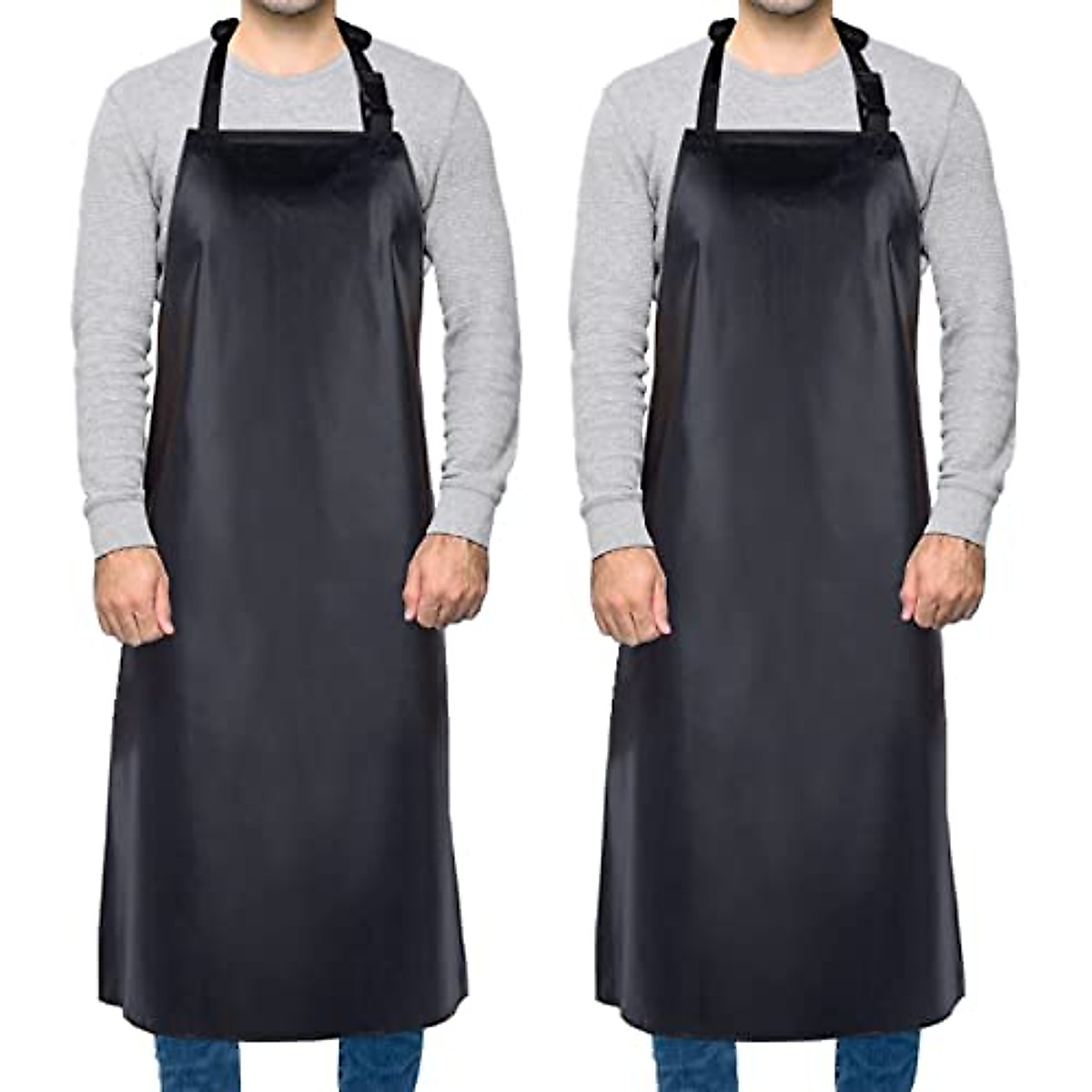 2 Pack Waterproof Rubber Black Vinyl Apron for Men 39" Lightweight Chemical Resistant Industrial Work Apron Adjustable Plastic Aprons for Dishwashing Butcher Dog Grooming Lab Work Fish Cleaning