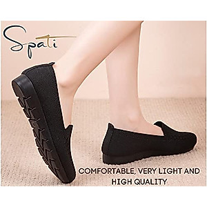 SPATI Women's Knitted Lightweight Comfortable Flat Shoes Loafers Slip On Casual Breathable Mesh Walking Round Toe (Black, Numeric_9)