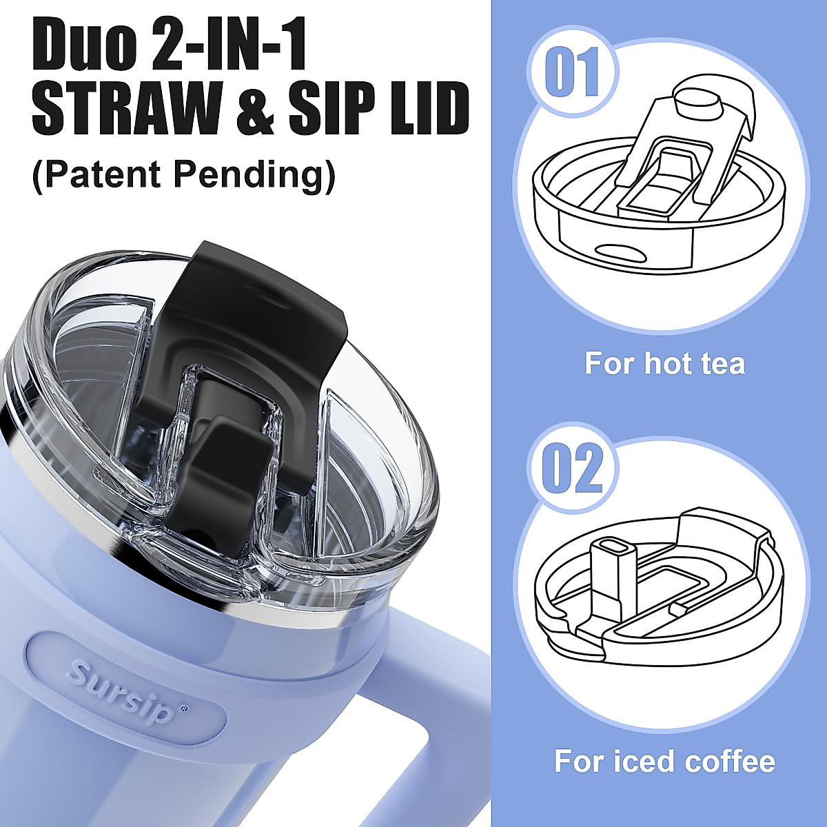 Sursip 40oz Insulated Tumbler with Handle and Flip Straw,Stainless Steel Travel Mug 2 in 1 Straw Lid-Leak Proof Keeps Drinks Cold for 24 Hours-Sweat Proof,Fit in Cup Holder-Black