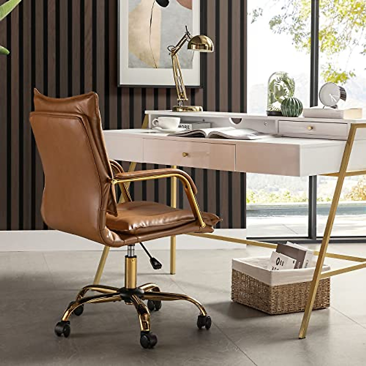 HULALA HOME Faux Leather Home Office Desk Chair, Adjustable Swivel Computer Chair with Golden Legs and Arms, Comfy Upholstered Task Chair,Camel