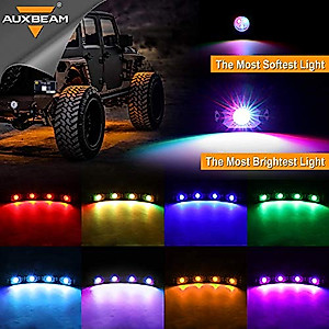 Auxbeam RGB LED Rock Lights 4 Pods + 3FT RGB LED Lighted Whips w/Brake & Turn Signal Light 2Pcs, Bluetooth Multicolor Neon Accent Lights Replacement for Jeep ATV UTV SUV Trucks Boat