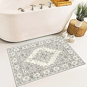 GEVES Grey Oriental Rug 2x3 Boho Entryway Rugs for Bedroom Kitchen Bathroom Decor Doormat Washable Indoor Use Non-Slip Rubber Backing