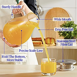 Glass Pitcher, 85oz Water Pitcher with Lid and Precise Scale Line, 18/8 Stainless Steel Iced Tea Pitcher, Easy Clean Heat Resistant Borosilicate Glass Jug for Juice, Milk, Cold or Hot Beverages