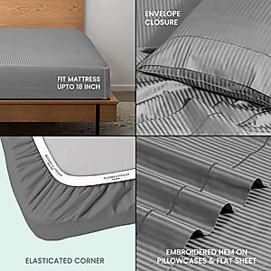 Feather & Stitch 500 TC Full Size Damask Bed Sheet Set, 100% Cotton Soft Breathable Bedsheets, 4 Piece 18" Deep Pockets Sateen Weave Striped Bedding Mattress Resort Hotel Luxury- (Grey, Full)