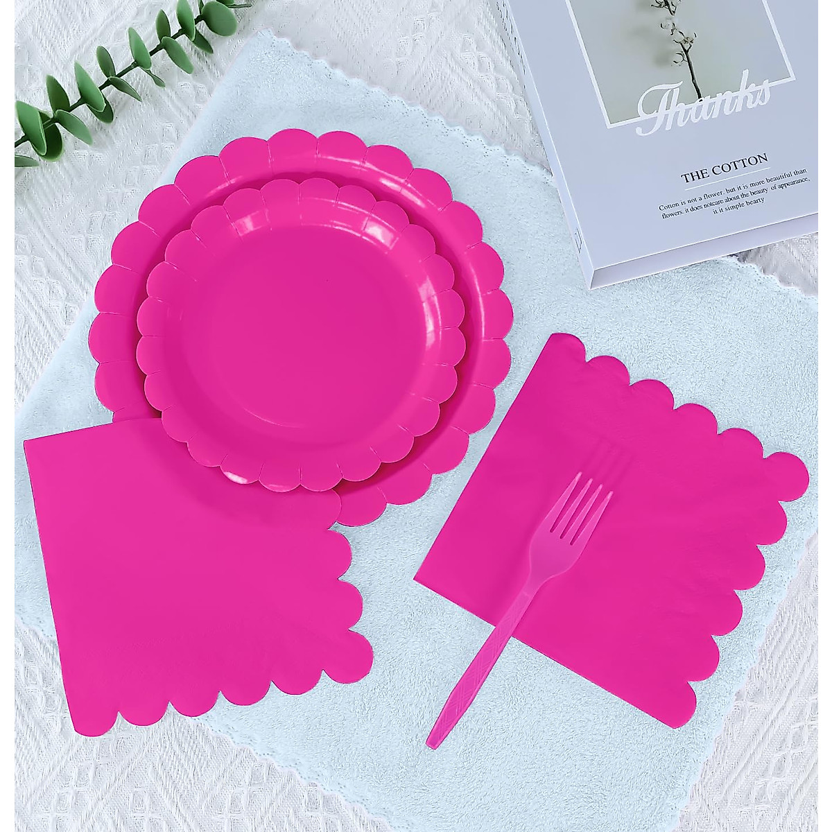 MUNILAIL 96 Pcs Hot Pink Plates and Napkins Party Supplies Serve 24 Guests Including Hot Pink Scalloped Paper Plates and Napkins Plastic Forks for Baby Shower Birthday Party Disposable Dinnerware Set