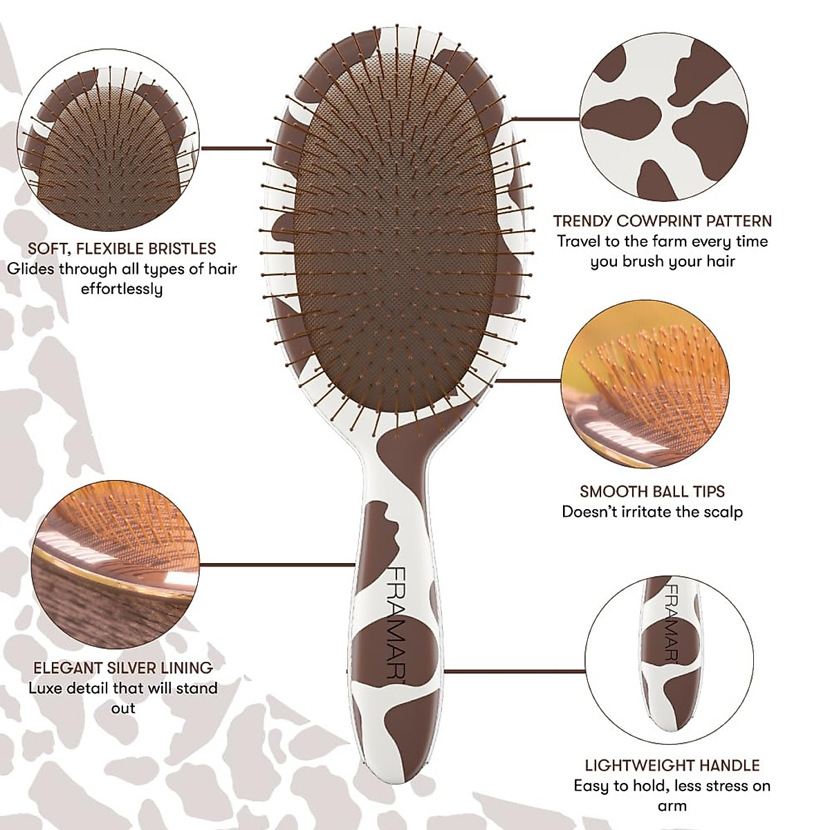 FRAMAR Cow Print Hair Brush Detangler, Detangling Hairbrush For Women, Wet Hair Brush For Girls, Hair Detangler Brush, Wet Hairbrush, Hairbrushes, Girls Hairbrush Detangler, Reduces Frizz – Cow Print