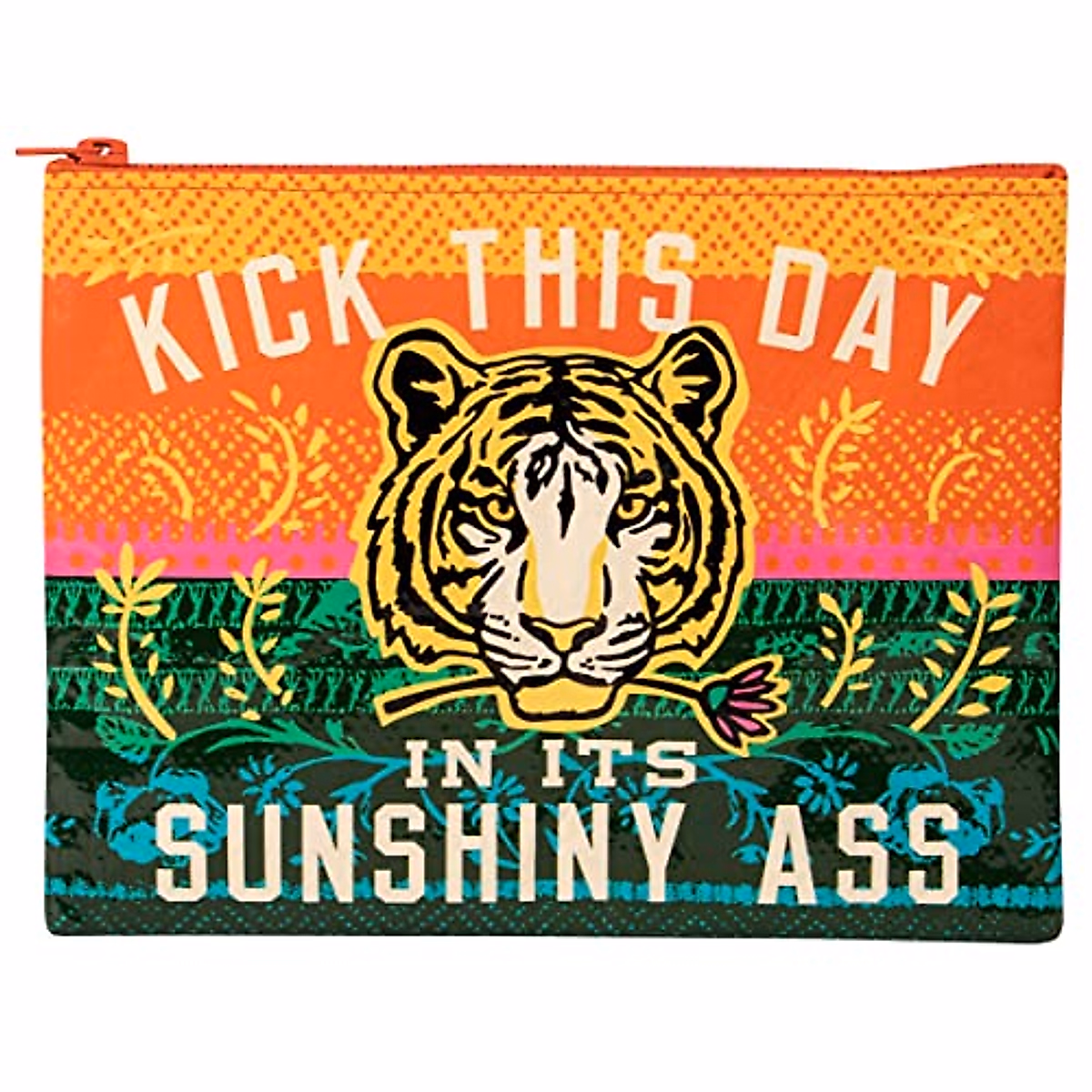 Blue Q Zipper Pouch, Kick This Day in its Sunshiny Ass. Chunky Sturdy Zipper, Easy-to-Wipe-Clean, Made from 95% Recycled Material. 7.25"h x 9.5"w