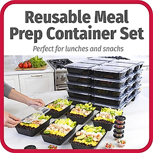 GoodCook Meal Prep 1-Compartment Reusable Food Storage Container Set with 50 Containers, Lids and Condiment Cups, Black