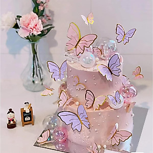 60PCS Pink Purple Gold Butterfly Cake Toppers, 3D Cupcake Toppers Happy Birthday Metal Gold Topper for Girls Women's Party Decorations Women Party Wall Food Decorations,Mixed Size