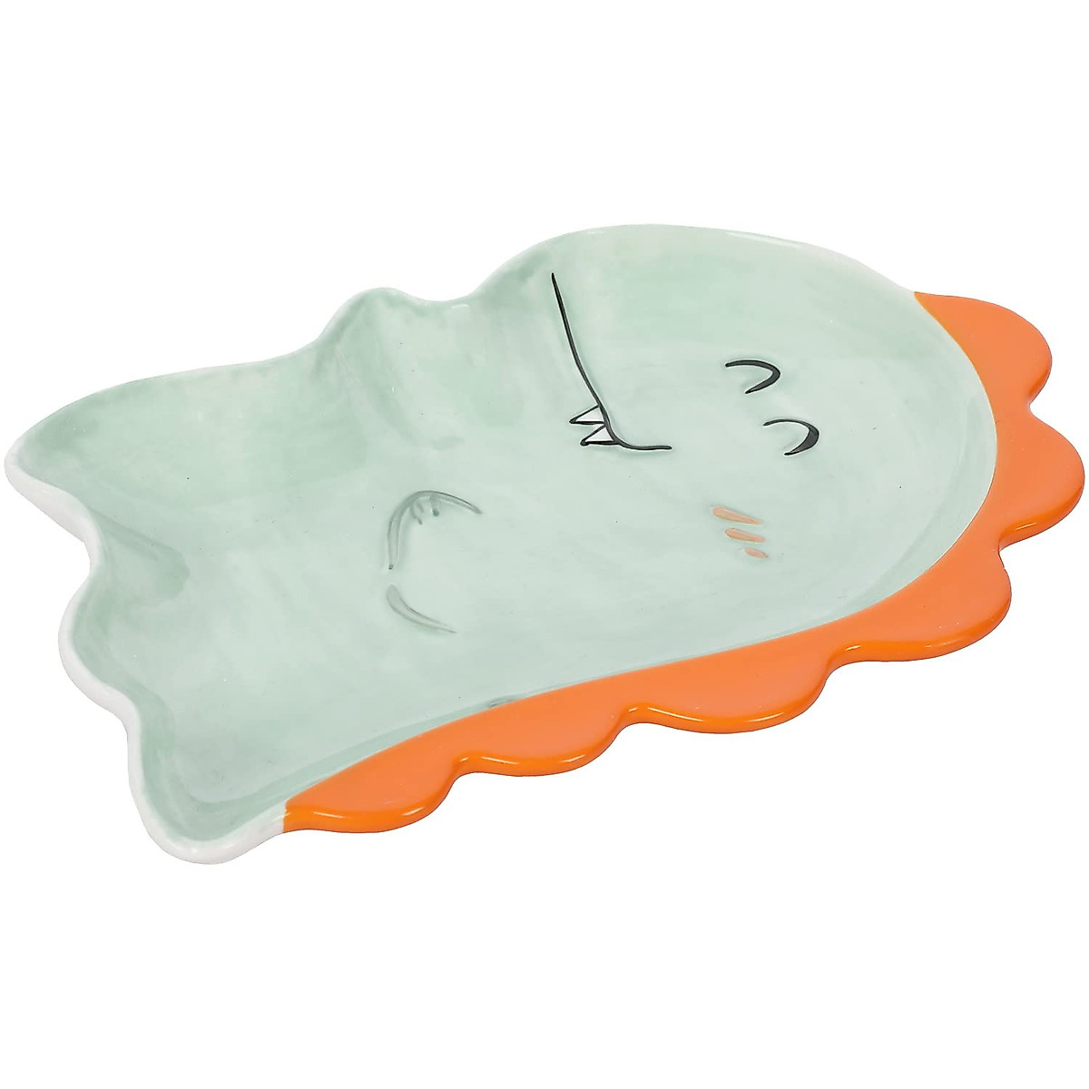 MyGift Fun Adorable Dinosaur Shaped Ceramic Plate, Cute Turquoise Cartoon Stegosaurus with Orange Spine, Small Serving Happy Dino Platter Snack Tray