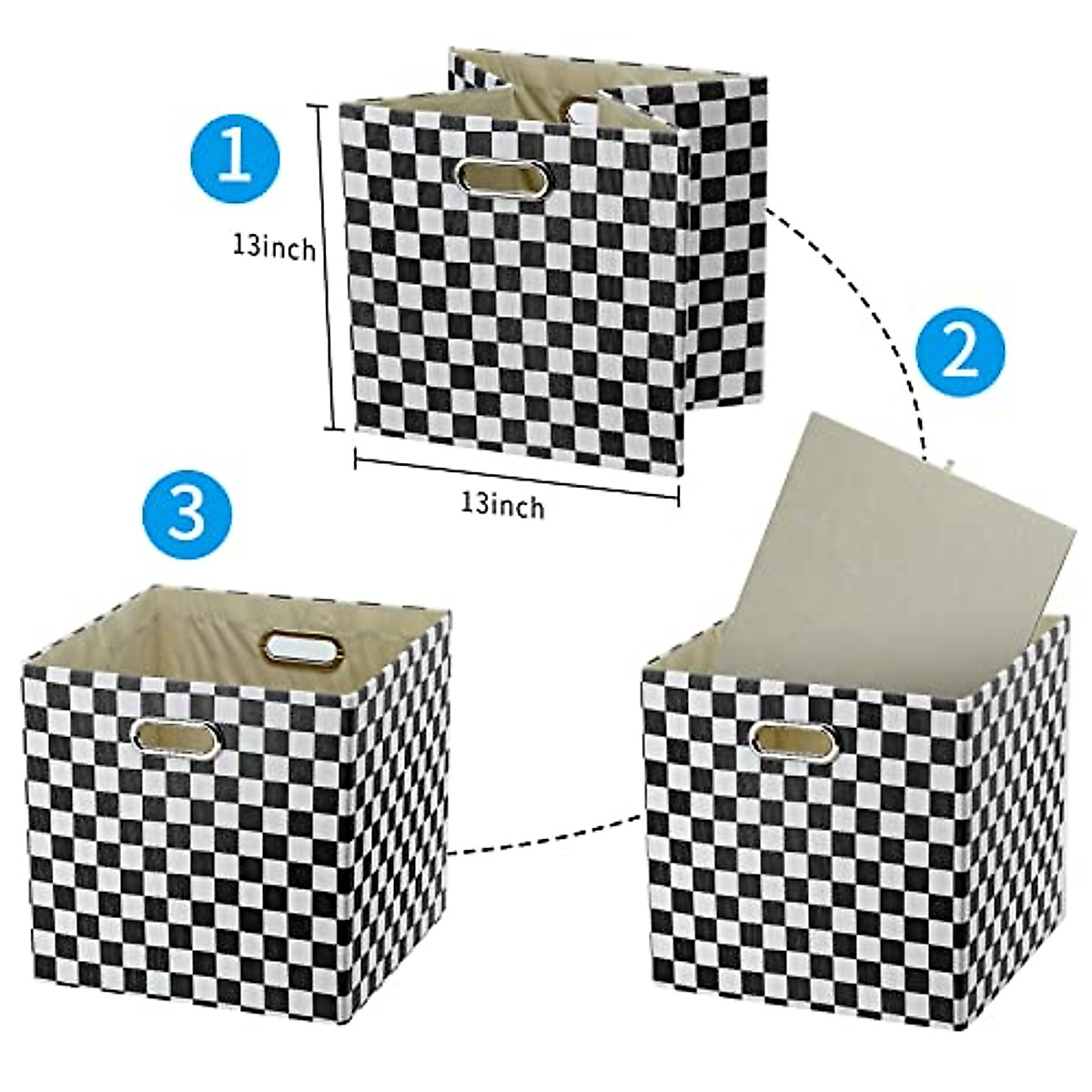 Fboxac Cube Storage Bins 13×13 Polyester Foldable Box with Handles, Collapsible Organization Basket Set of 4 Large Capacity Drawer for Closet Shelf Cabinet Bookcase Bedroom, Checkerboard Black & White
