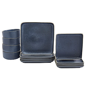 Tabletops Gallery Madison Fashion Dinnerware Collection- Square Contemporary Modern Reactive Glaze Dinner Salad Plate Bowl 4 Place Setting, 12 Piece Madison Dinnerware set in Speckled Blue