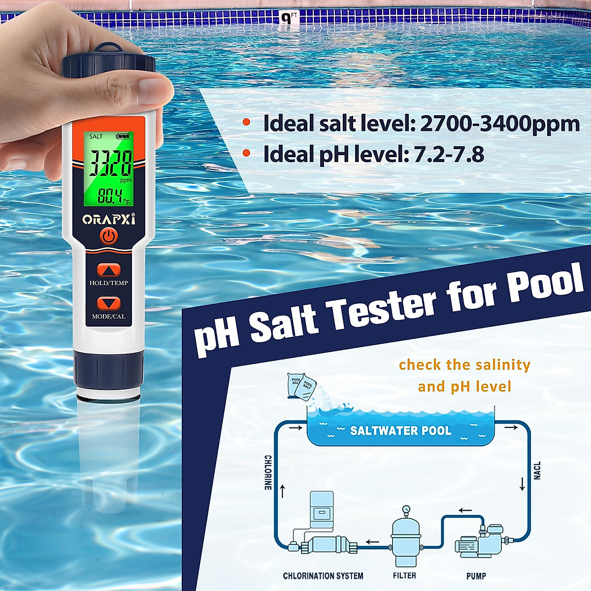 Pool Salt Tester pH Meter ORAPXI Salinity Meter and pH Tester PPM EC Meter with LCD Screen 5 in 1- Salt pH TDS EC Meter for Saltwater Pool, Hot Tubs, Spas, Aquarium, Hydroponics System, Home Brew