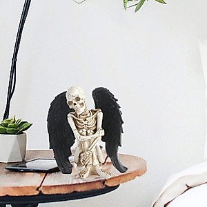 VOSAREA Resin Skeletons Statue Skull Collectible Figurine with Black Angle Wings Resin Figures Decoration for Home Shelves Porch Yard Garden Fireplace Mantle