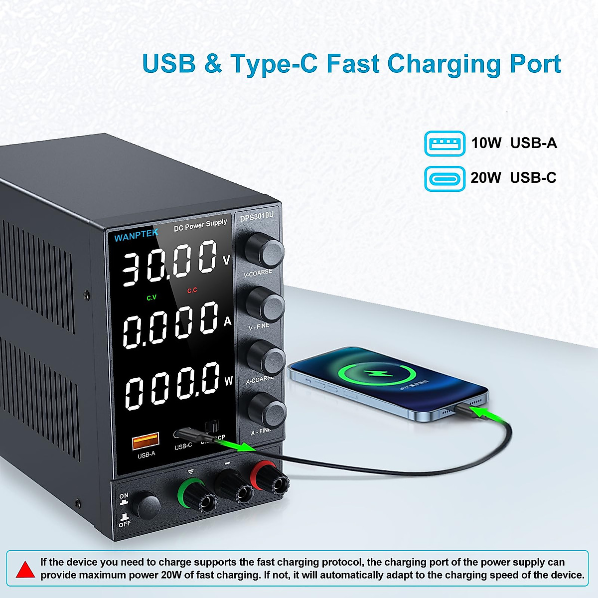 DC Power Supply, Bench Power Supply with Encoder Knob, Adjustable Regulated Power Supply with 5V 3.6A USB & Type-C Quick-Charge, Variable Power Supply with Overcurrent Protection (0-30V 0-10A)