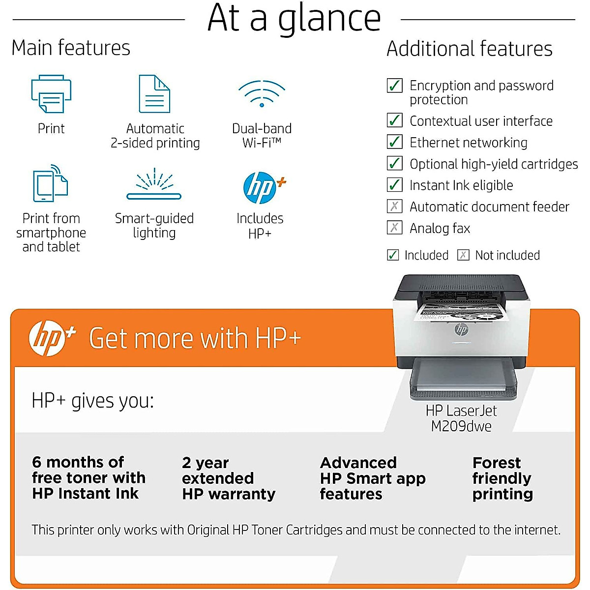 HP (Renewed) Laserjet M209dwe Single-Function Wireless Monochrome Laser Printer for Home Office - Print only - 30 ppm, 600 x 600 dpi, 8.5" x 14" Legal, Auto Duplex Printing, Ethernet