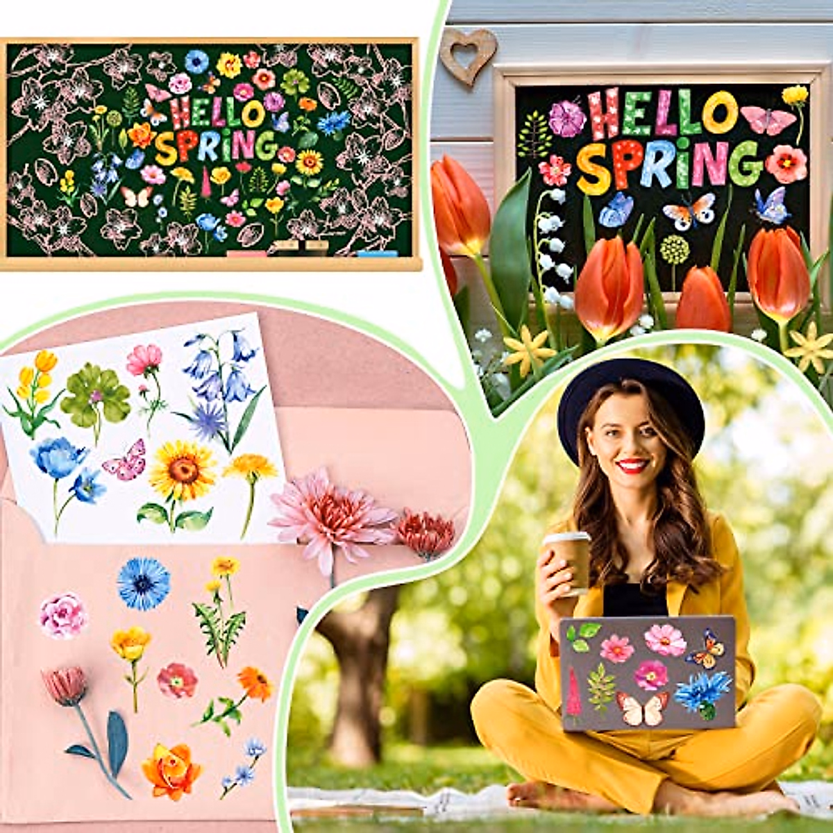 72 Pcs Cute Cutouts Hello Spring Cut Outs with 96 Pcs Glue Points Spring Bulletin Board Set Floral Plants Spring Cutouts Spring Decorations for Classroom School Game Party Bulletin Board Supplies
