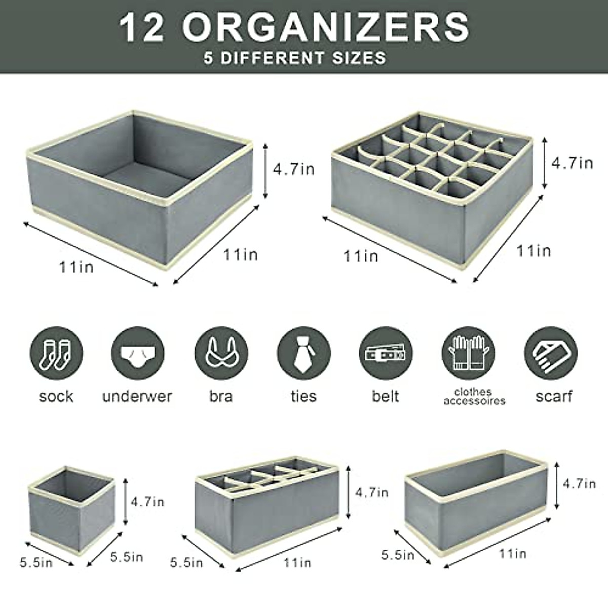 LadyRosian 12 Pack Foldable Drawer Organizers, Storage Boxes, Closet Dresser Drawer Organizer Dividers Fabric Containers Basket Bins for Underwear Bras Panties Ties Socks Baby Cloth (Grey)