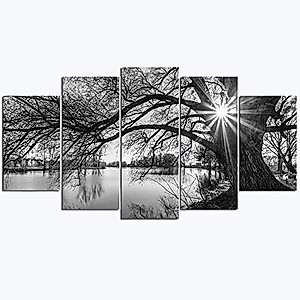 sechars - 5 Pieces Wall Art Old Tree by Lake Picture Canvas Prints Sunrise Painting Black and White Landscape Canvas Art Modern Wall Decoration Framed and Ready to Hang