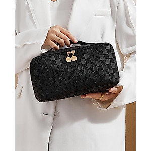 EACHY Travel Makeup Bag,Large Capacity Cosmetic Bags for Women,Waterproof Portable Pouch Open Flat Toiletry Bag Make up Organizer with Divider and Handle (LD-Black, Large)