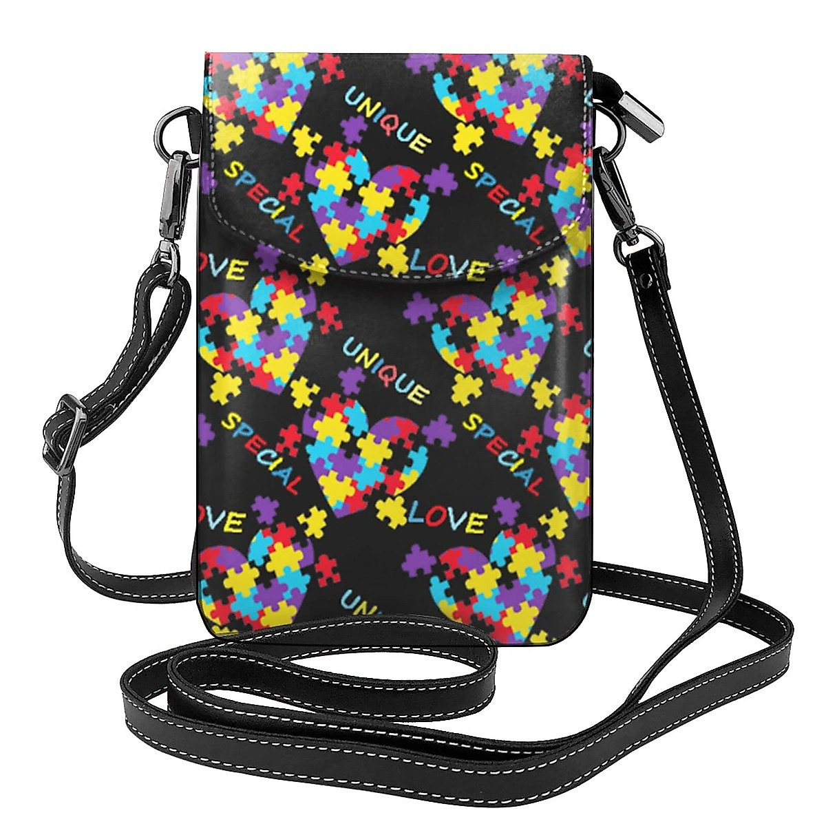 Aiyoolee Womens Small Crossbody Bag Colorful Autism Awareness Puzzle Pieces Heart Black, Smart Phone Pouch, Soft Leather Shoulder Bag for Passports Coin Card with Zipper and Adjustable Strap