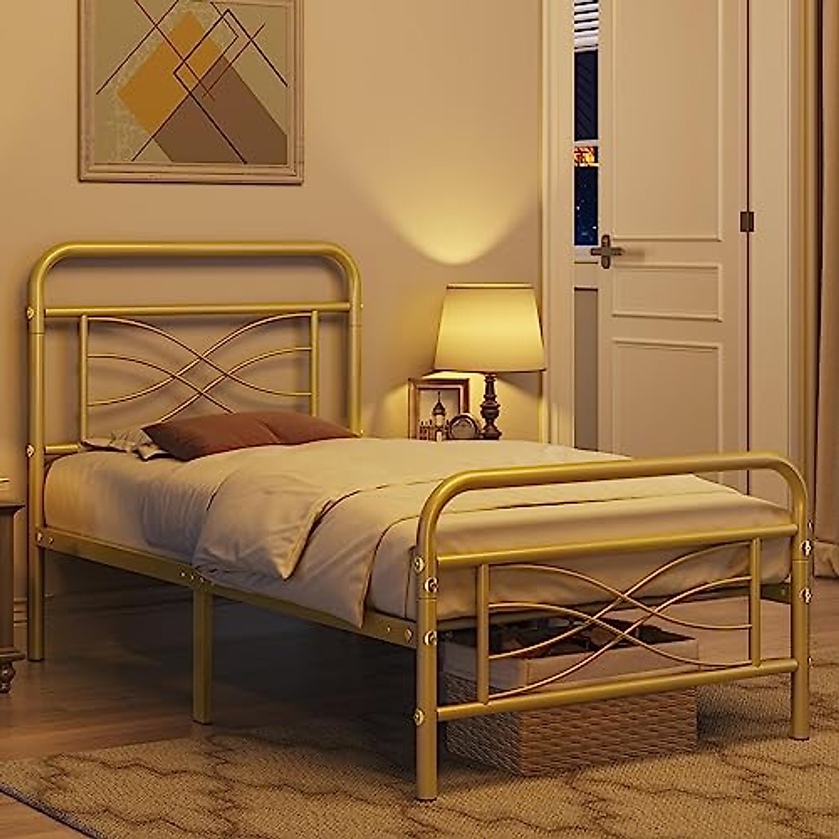 Topeakmart Twin Bed Frames Metal Bed with Vintage Style/Criss-Cross Design Headboard/Mattress Foundation/No Box Spring Needed/Under Bed Storage/Strong Slat Support Antique Gold Twin Bed