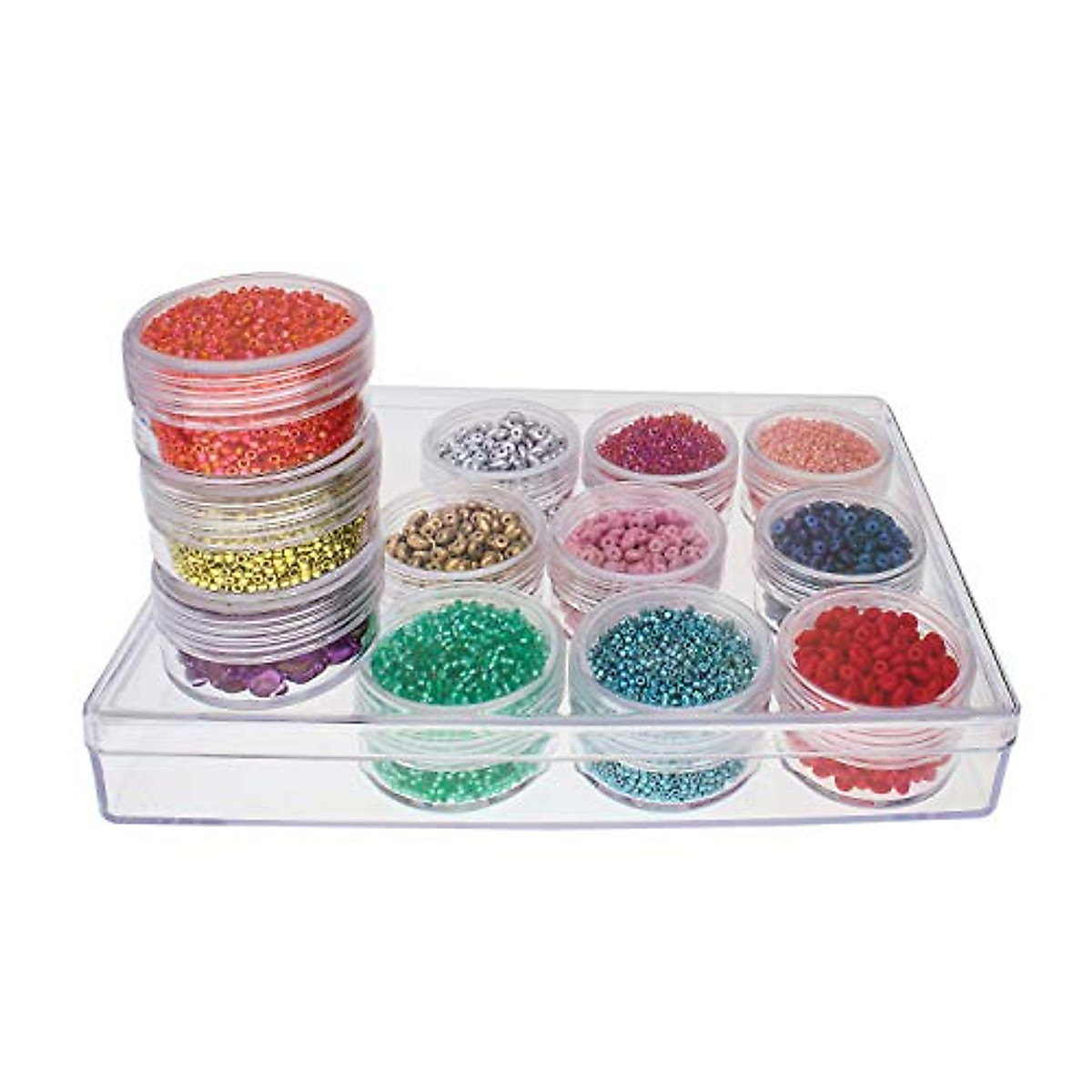 The Beadsmith Personality Case - Clear Storage Organizer Box – 6.4 x 4.8 x 1 inches - Includes 12 Small Containers with lids - 1.5 x 0.8 inches, Bead Holder
