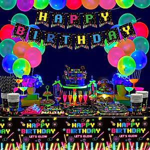 233 PCS Glow Neon Party Supplies Neon Glow Tableware Set Neon Balloons Glow in The Dark Birthday Banner Cake Toppers for Blacklight Party Decoration Serves 20 (Glow Set B)
