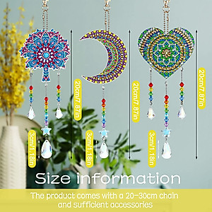 3 Pieces Diamond Painting Suncatcher Wind Chime Cross Sun Star Moon Heart Mandala Double Sided Crystal Gem Paint by Number Diamond Painting Hanging Ornament for Home Garden (Moon, Heart, Mandala)