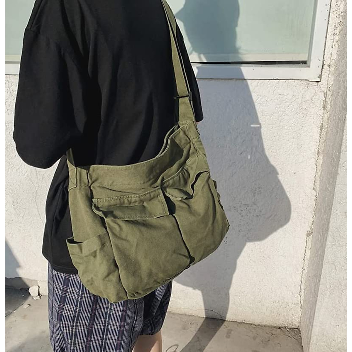 GAI Canvas Messenger Bag For Women Large Hobo Bags for Men Crossbody Hippie Bag Multi-pocket Aesthetic Grunge Shoulder Bag (One Size,Army Green)