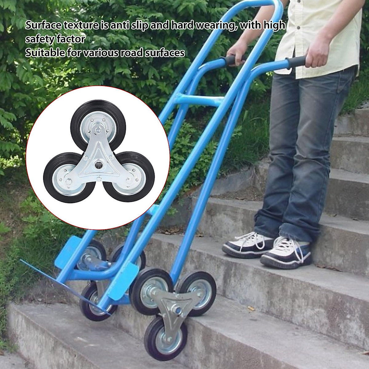 Stair Climbing Wheel, 6 Inch 300LBS Load Capacity, Heavy Duty Triangular Wheel for Stairs, Non Slip Solid Rubber Replacement Wheel, Galvanized Iron Hub, for Shopping Carts