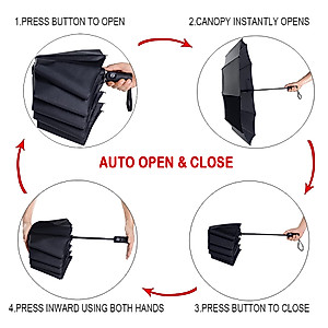 ANTI-REBOUND Travel Umbrella Windproof Compact Collapsible Light, Automatic, Strong and Portable, Wind Resistant, Folding Small Umbrella for Rain Black & Black