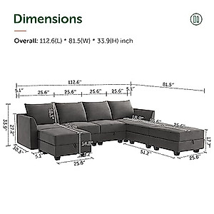 HONBAY Modular Sectional Sofa Velvet U Shaped Couch with Ottomans Convertible Sectional Couch 7 Seater Sofa with Storage Seat, Grey