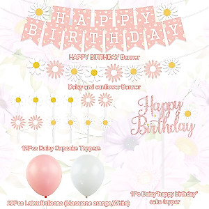 Daisy Flower Birthday Party Decorations, Daisy Happy Birthday Banner Daisy Flower Birthday Cake Cupcake Toppers for Hippie Themed Daisy Party Girl Baby Shower Birthday Boho Daisy Birthday Supplies