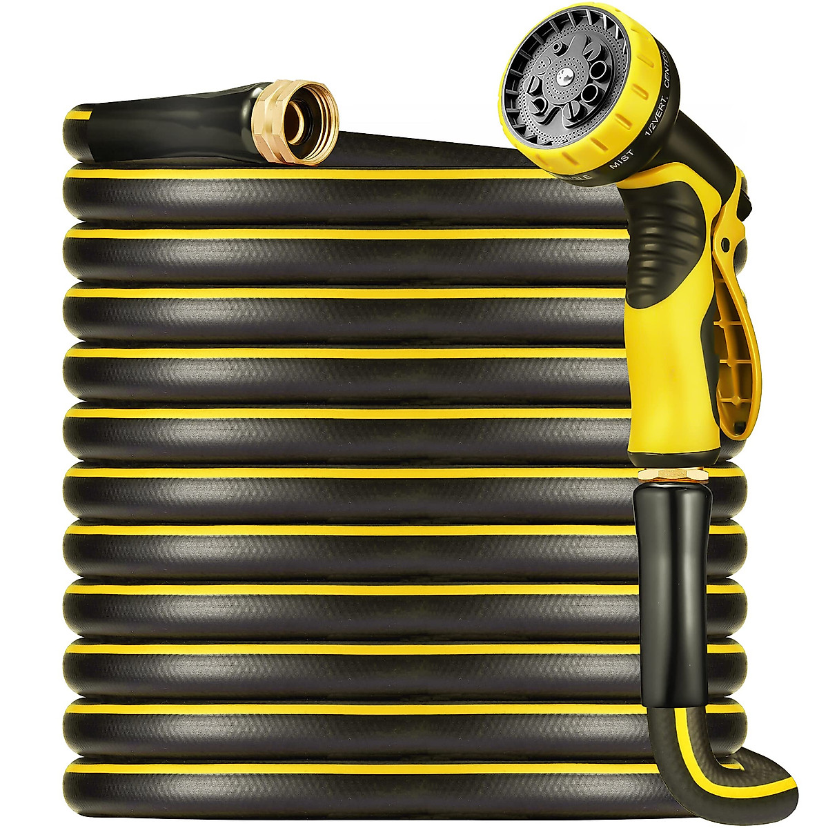 Adimos Hybrid Garden Hose 100 ft x 5/8", Heavy Duty Flexible Lightweight Water Hose 100ft with 10 Function Sprayer Nozzle, 3/4'' Solid Brass Fittings, Ultra Durable, All-weather