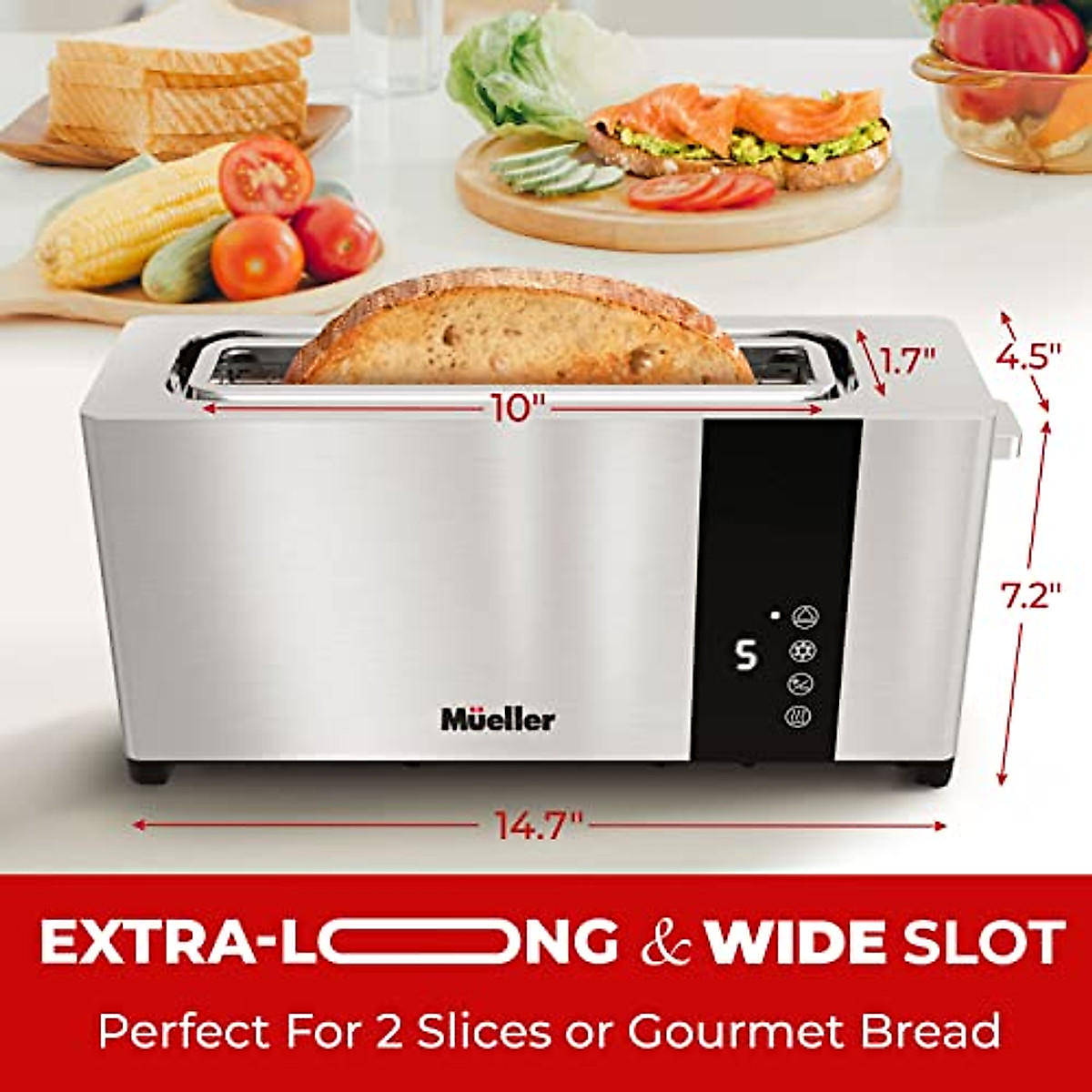 Mueller UltraToast Full Stainless Steel Toaster 2 Slice, Long Extra-Wide Slots with Removable Tray, Cancel/Defrost/Reheat Functions, 6 Browning Levels with LED Display