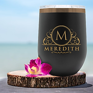 Personalized 12 oz Insulated Stemless Wine Tumbler - Custom Engraved and Monogrammed (Black with Gold)