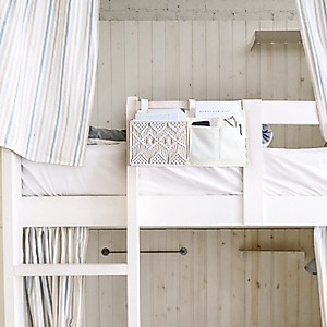 Mkono Bedside Caddy Hanging Organizer, Bunk Woven 7 Pockets Bed Storage Bag Boho Remote Magazine Books Holder with Macrame for Loft Bed College Dorm Bedroom Baby Bed Rails, Ivory