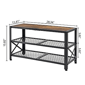 Hoctieon Shoe Rack, 3-Tier Shoe Organizer, 28in Small Wooden Shoe Bench for Front Door, Shoe Storage with Mesh Shelves for Entryway Living Room Hallway Closet, Rustic Brown (3-Tier)