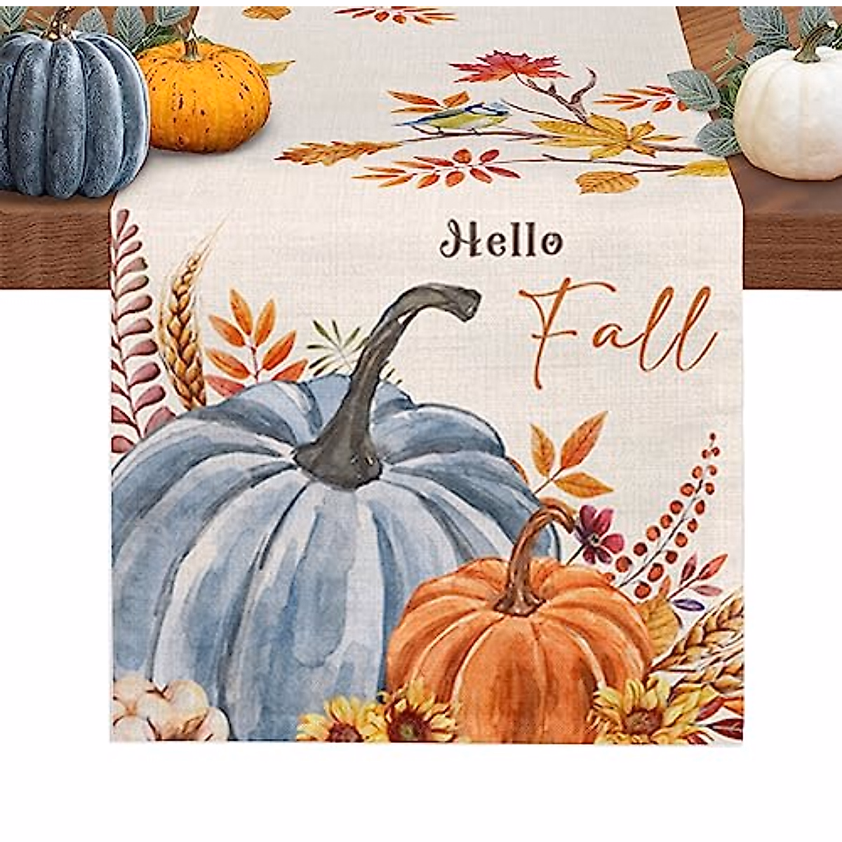 Hello Fall Table Runner 120 inch Long, Pumpkin Maple Leaf Thanksgiving Table Runners Burlap Dresser Scarves for Dining Coffee Table Party Holiday Farmhouse Autumn Harvest Seasonal Kitchen Decor