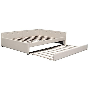 CABSETT Queen Size Upholstered Platform Bed with Trundle, Wood Daybed Frame Sofa Bed with USB for Bedroom Living Room Guest Room, Wood Slat Support, Space Saving Design, Beige