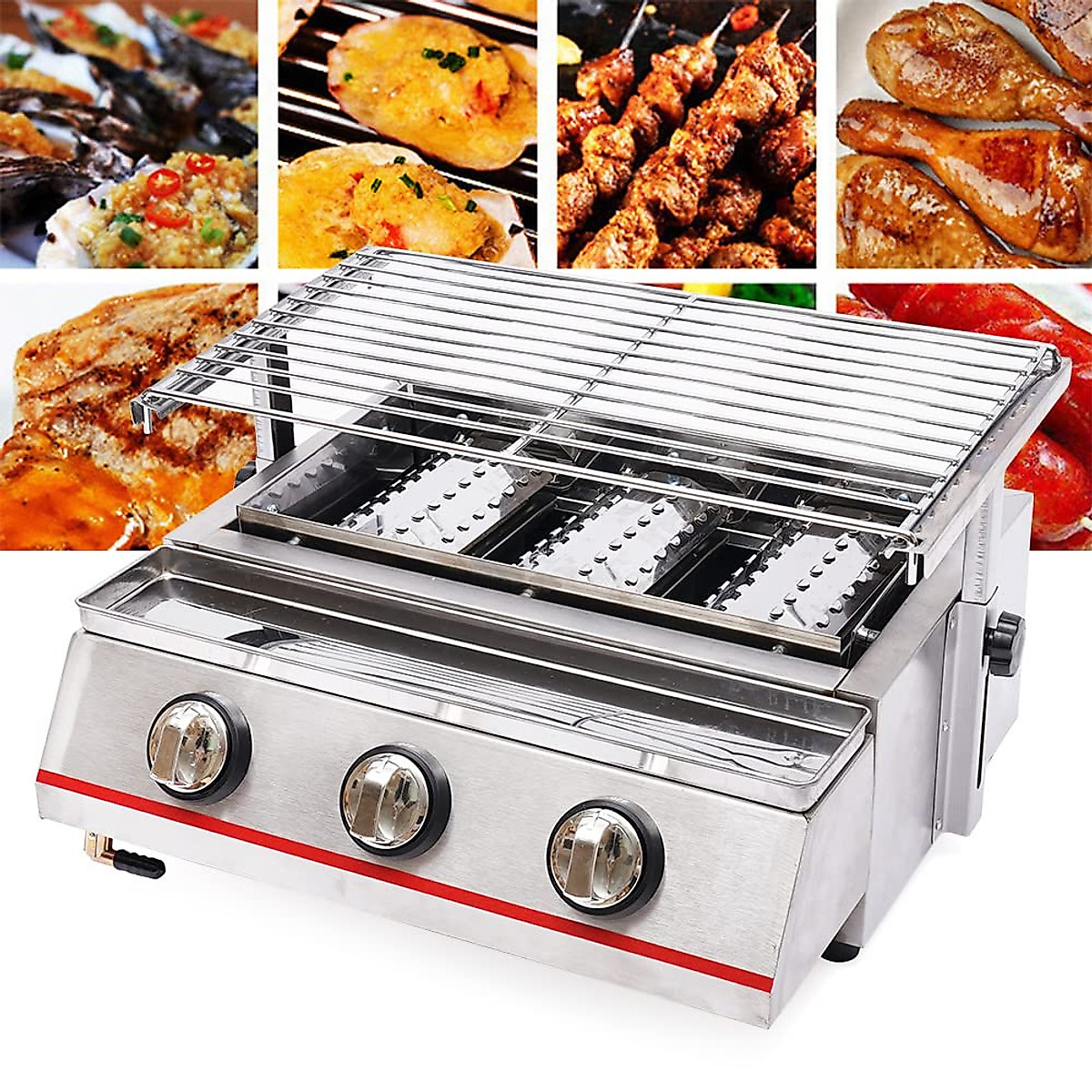 NATICRISI Portable Gas Grill,Portable Griddle Propane LPG Gas Grill,3 Burners LPG Gas BBQ Grills Tabletop, Tabletop Gas Plancha for Outdoor Camping, Kitchen