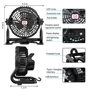 sunvito Outdoor Floor Fan with Light, 8 Inch Portable Battery Operated High Velocity Industrial Fan with hook, Rechargeable Floor Fan for Garage, Camping, Gym, Indoor (fan00001)