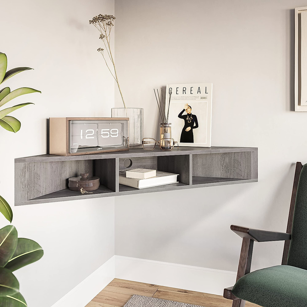 BELLEZE 47 Inch Modern Floating Wall Mounted Corner Shelf, TV Console with Three Shelves and A Cable Cutout, Space Saving Decorative Media Corner Storage - Russel (Gray Wash)